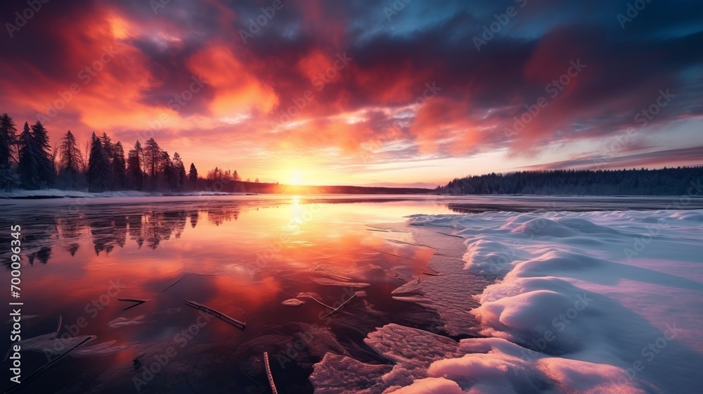 winter landscape with frost, snow and ice on lake and sunset sky with ...