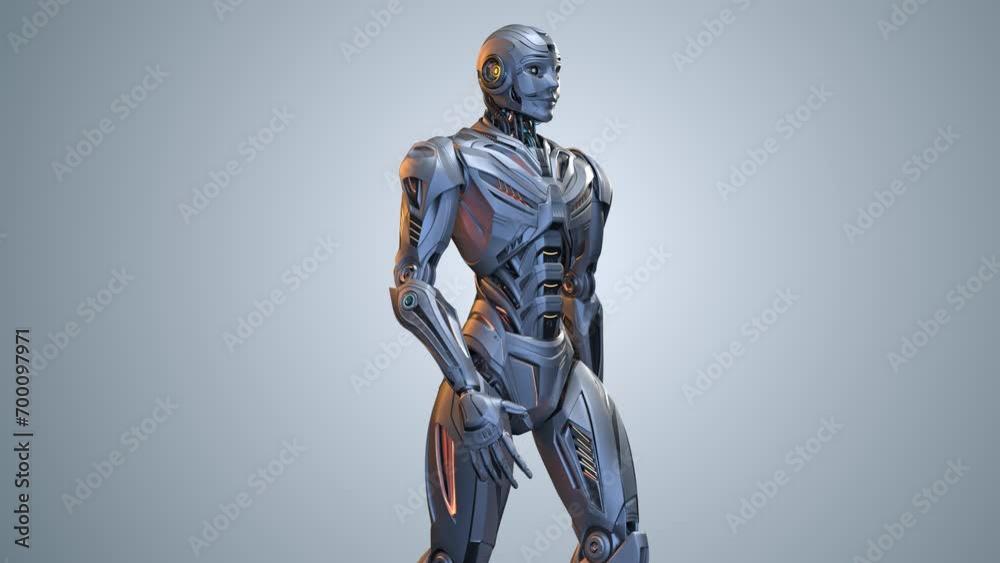 Futuristic robot man walk cycle or humanoid cyborg walking in loop. 3d ...
