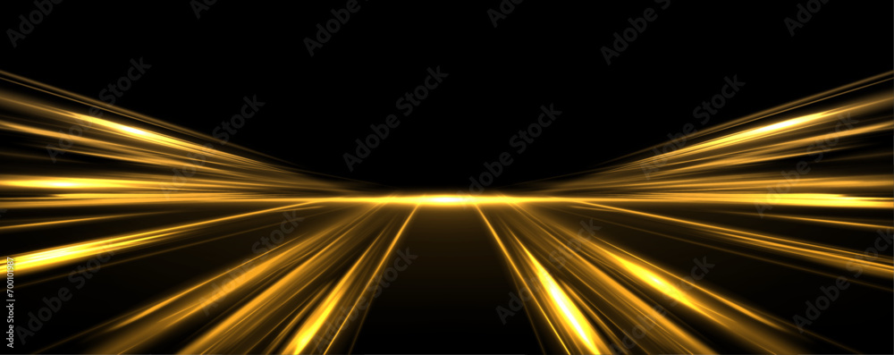 High-speed neon light lines of yellow color on a black background ...