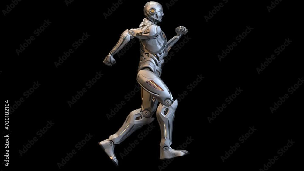 Futuristic robot man run cycle or humanoid cyborg running in loop. 3d ...