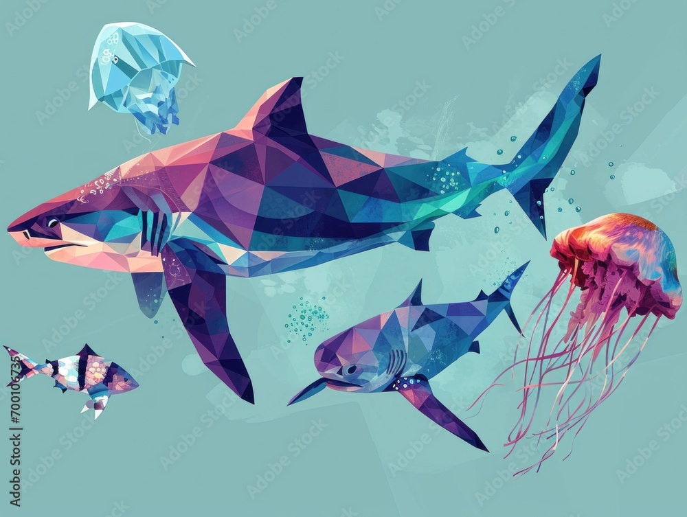 A captivating depiction of polygonal ocean life, including jellyfish ...