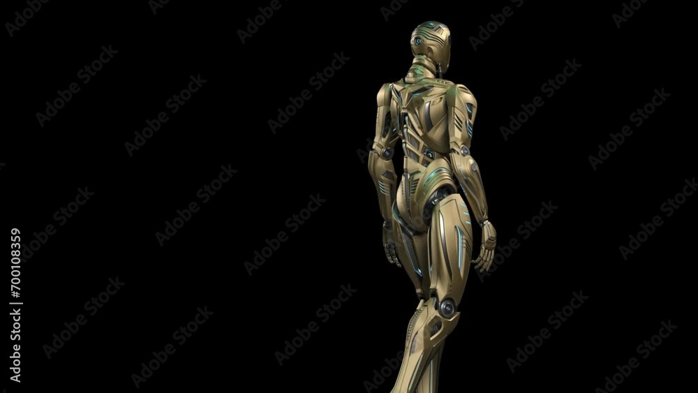 Futuristic alien robot walk or yellow humanoid cyborg steps from left ...