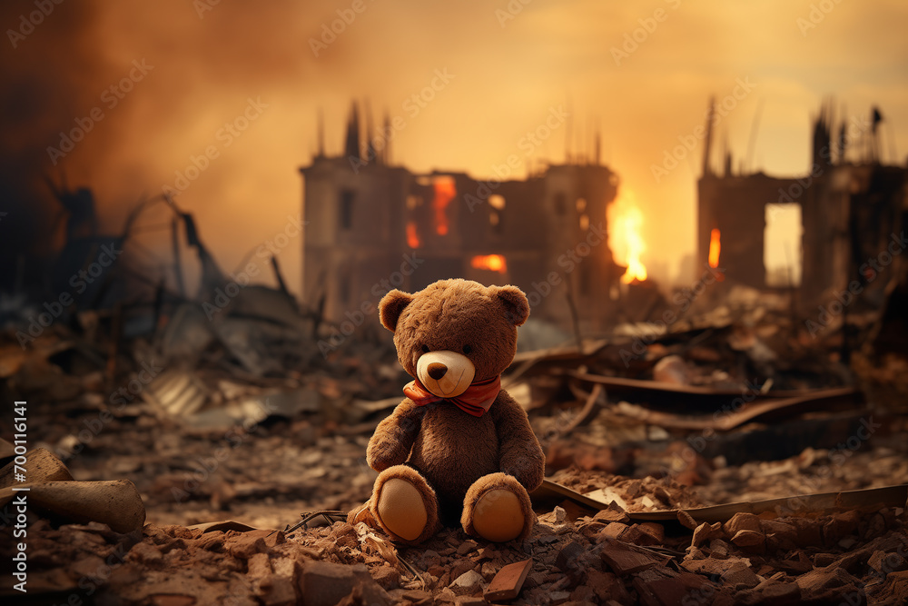 Toy on the background of city burned destruction of an aftermath war ...