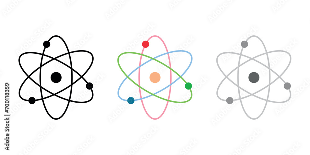 Atom icons. Atom icon symbol vector illustration. Nuclear physics. Three electrons rotate in ...