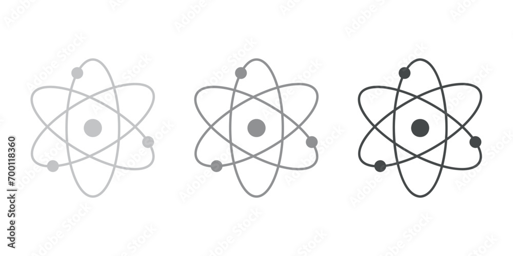 Atom icons. Atom icon symbol vector illustration. Nuclear physics. Three electrons rotate in ...