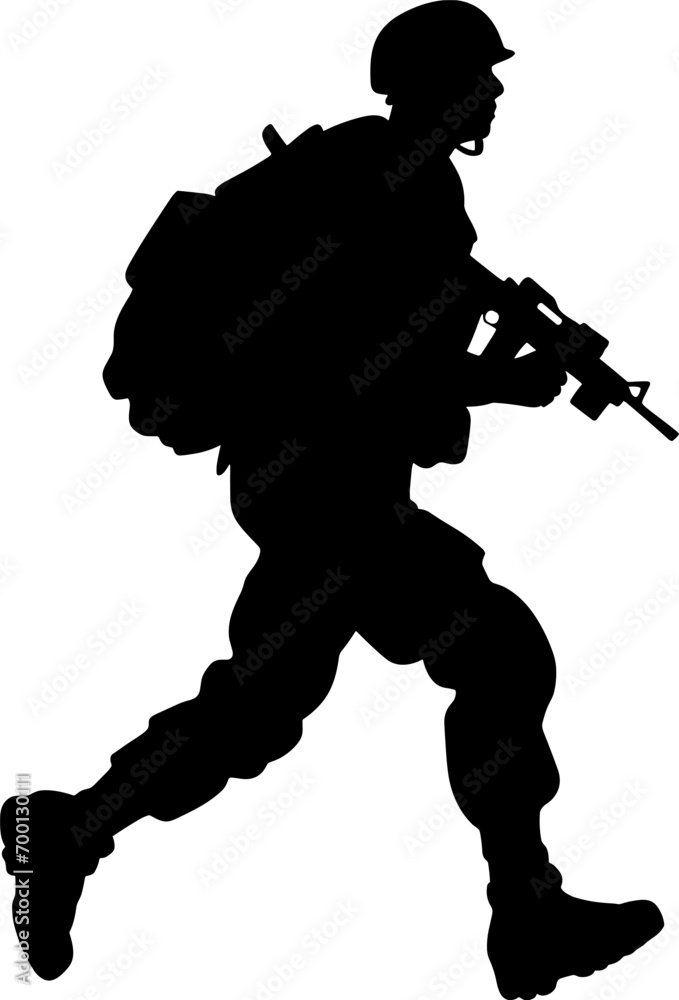 illustration of a running soldier, black and white drawing, white ...