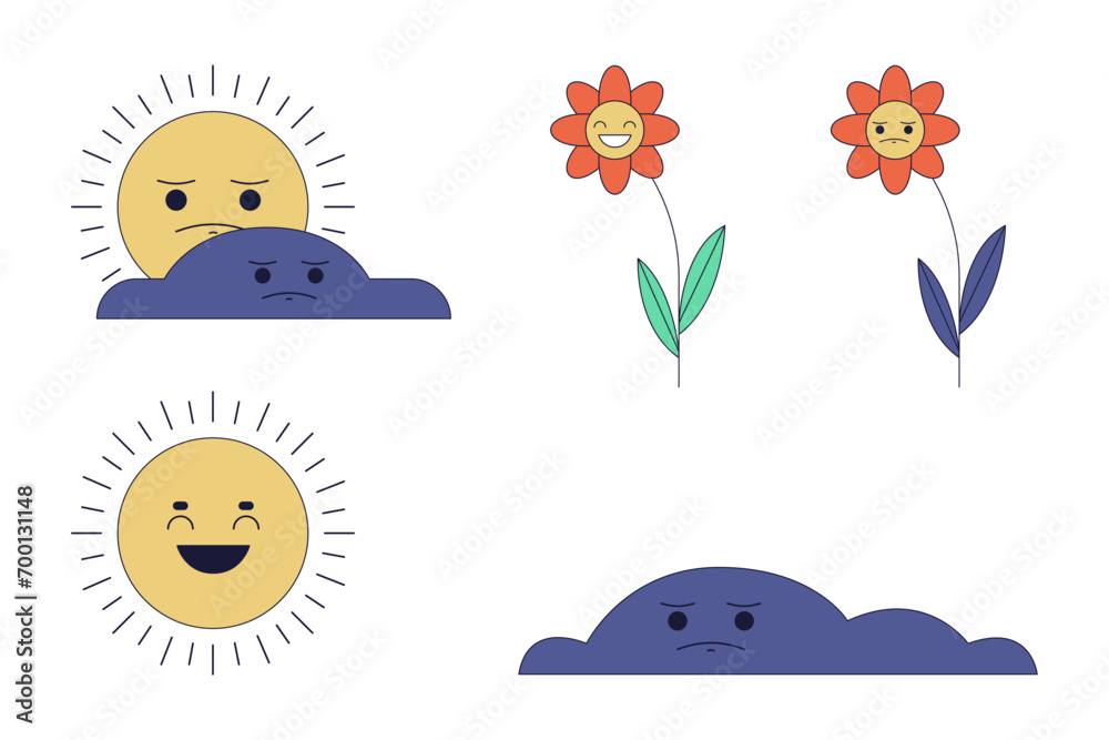 Weather seasons changing 2D linear cartoon characters set. Forecast ...