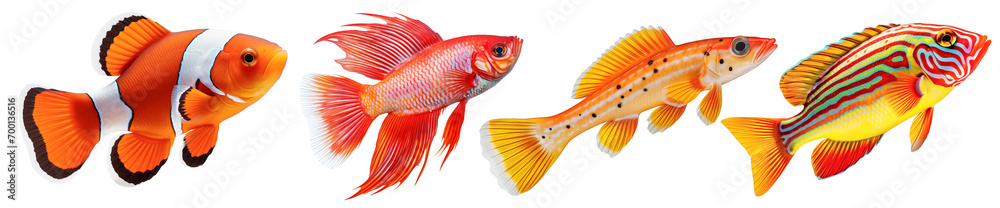 Multicolored aquarium fishes on a transparent background, side view ...