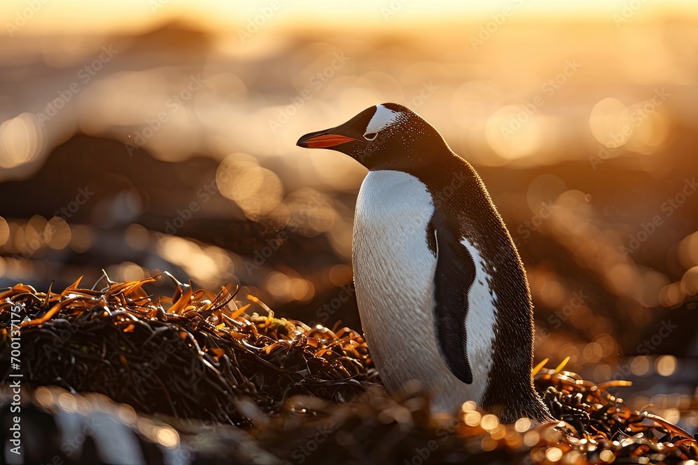 Landscape photography of a pinguin on the banquise at golden hour ...