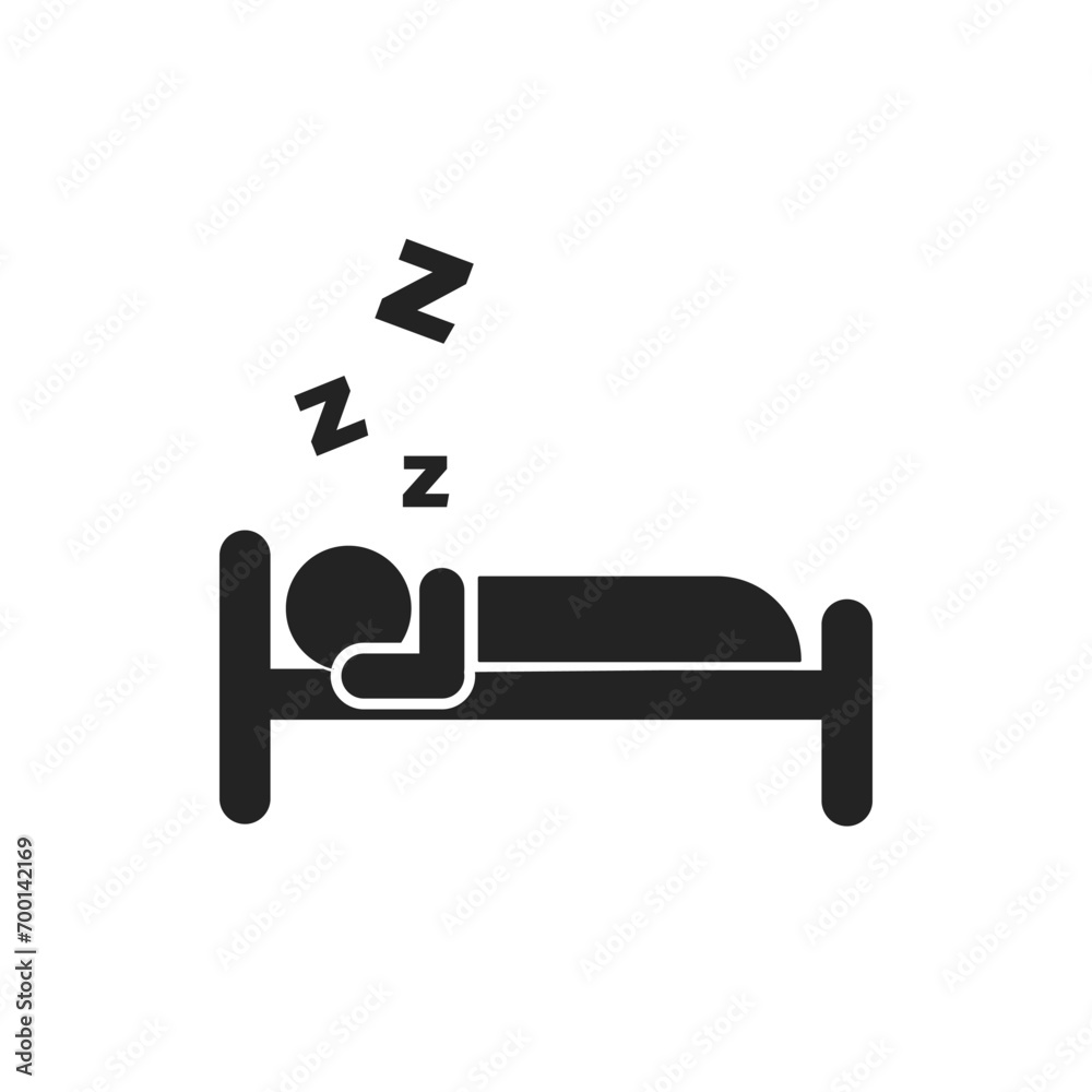 Isolated pictogram man sleep on a bed, symbol icon for hotel, hostel ...