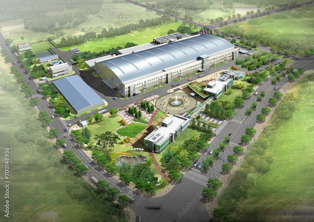 factory and office building in the countryside, Architectural illustration of a state-of-the-art ...