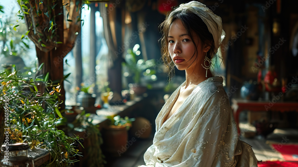 Elegant Japanese Woman Wearing White Silk Kimono in a Serene ...