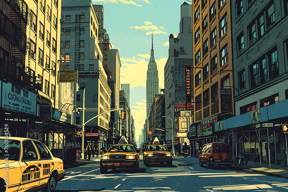 Comic book illustration in the style of busy city, tall buildings ...