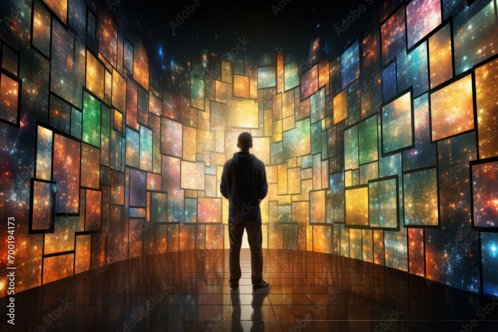 Man standing in front of a wall of television screens, showcasing the ...