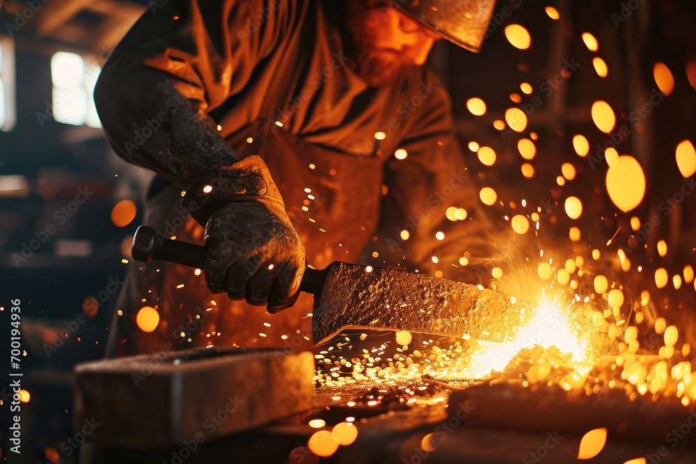 Fotografía Medieval blacksmith forging a knight's sword in a fiery ...
