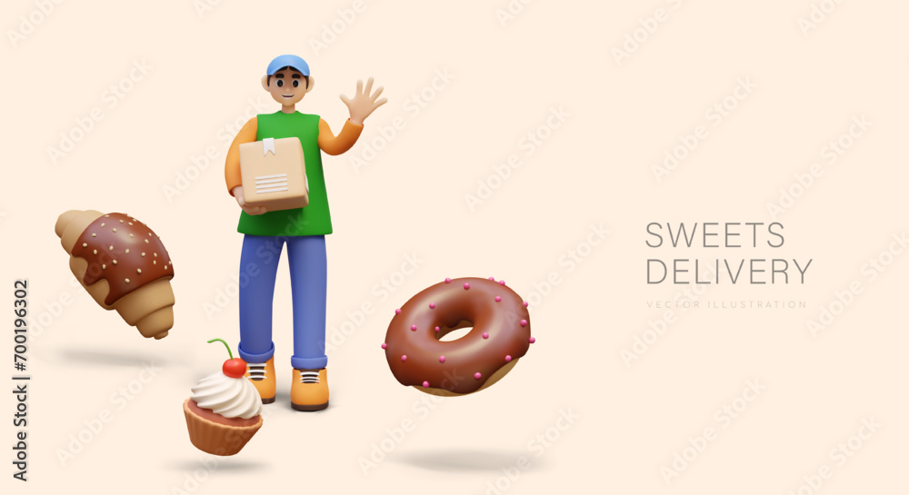Young male holding box and going to delivery. Concept of sweets ...