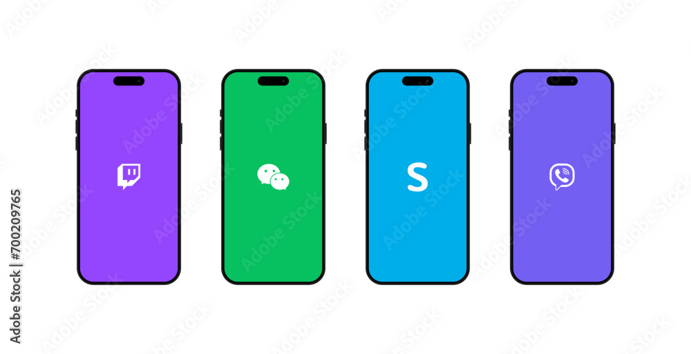 Social media iPhone screen logos. Twitch, WeChat, Skype, Viber logo ...