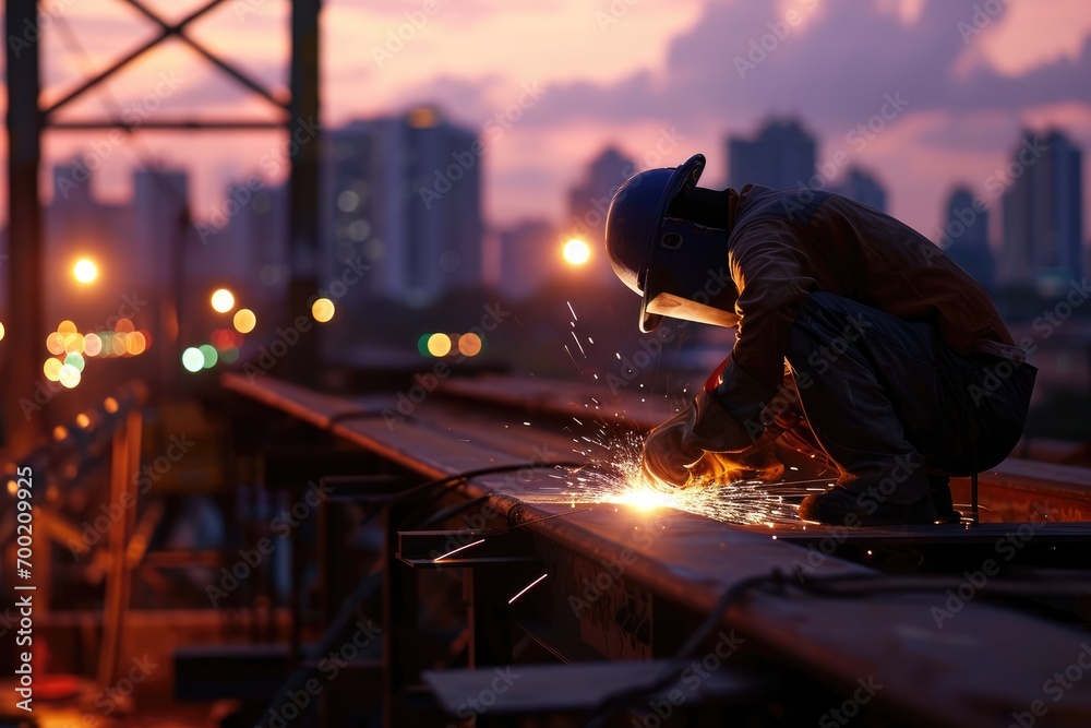 Welding Heights: Construction Worker Welding Steel Beams on a High-Rise ...