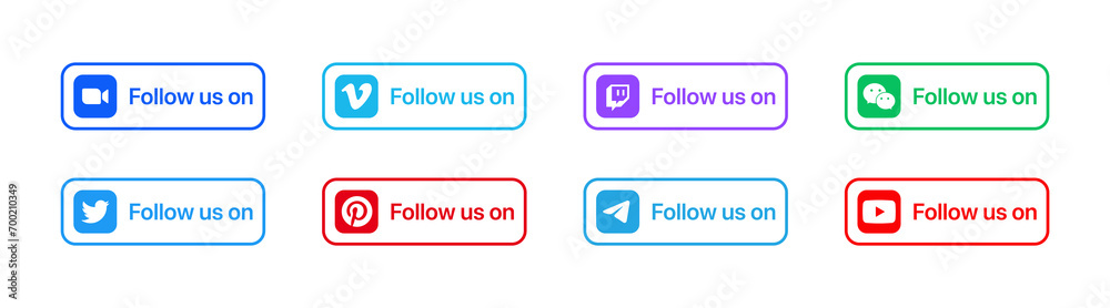 Social media follow us icons. Zoom, Vimeo, Twitch, WeChat, Twitter X ...