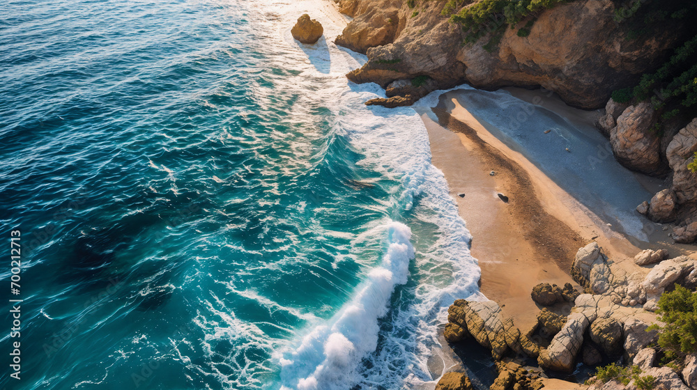 A drone shot of a hidden coastal beach with waves crashing on the rocks ...