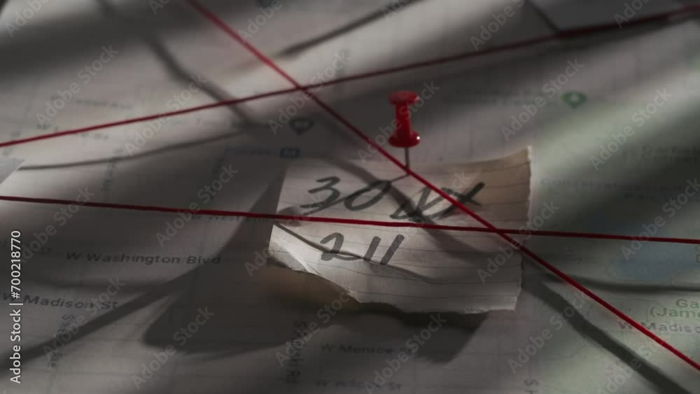 Close up shot of investigation board. Detective board with map of crime ...