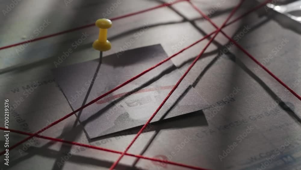 Close up shot of investigation board. Detective board with map of crime ...