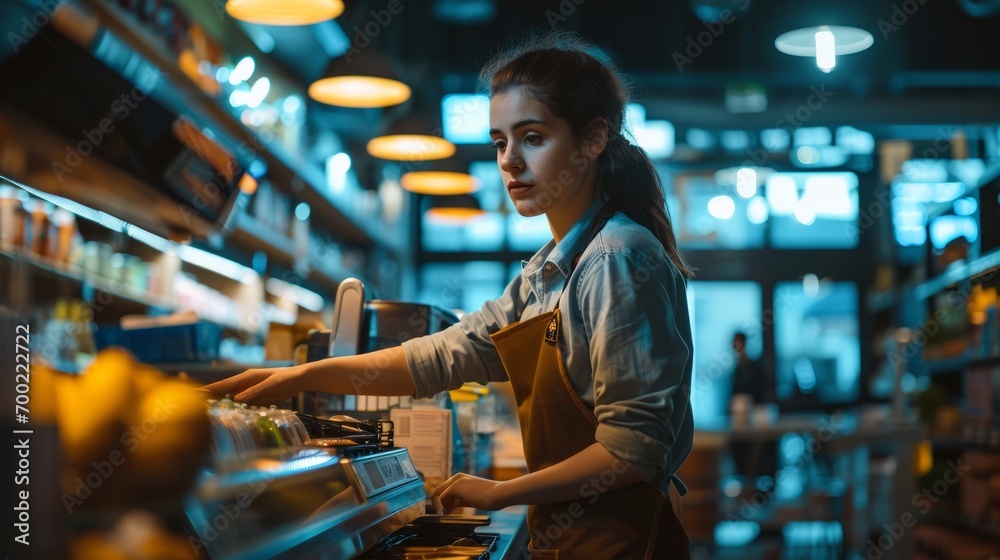 The staff working at the supermarket as a cashier is diligent Working ...
