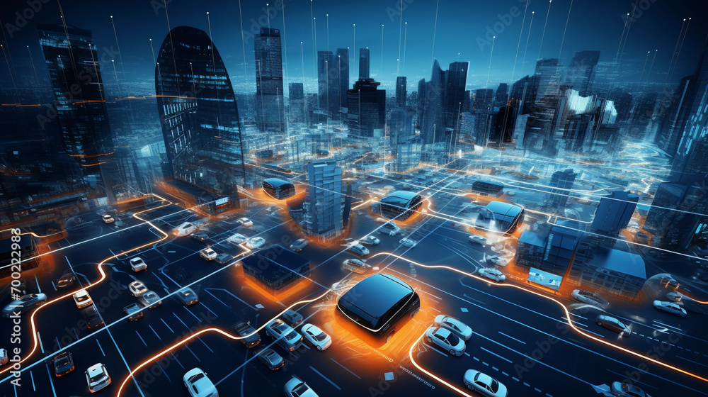 Overhead view of roads in a futuristic city with autonomous vehicles ...