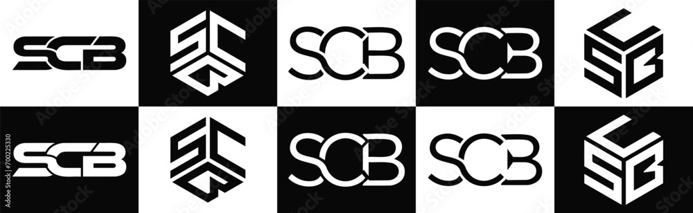SCB letter logo design in five style. SCB polygon, circle, triangle ...