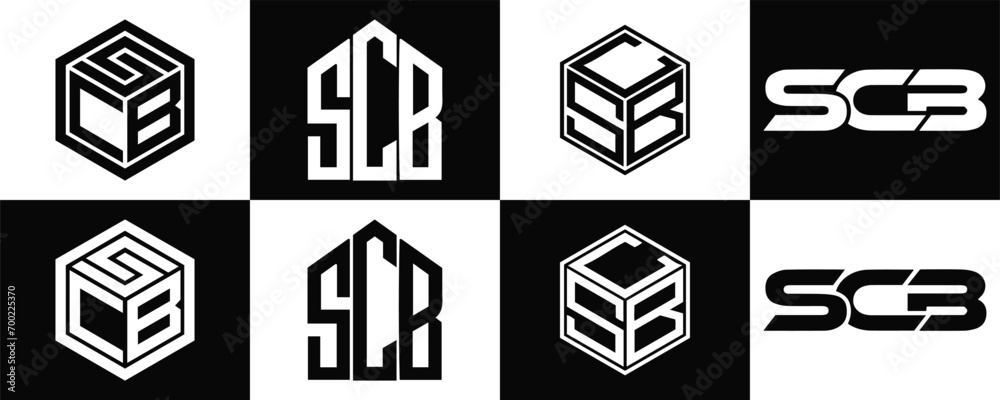 SCB letter logo design in five style. SCB polygon, circle, triangle ...