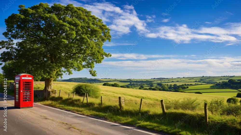 A charming countryside bus stop with a traditional red bus arriving to ...