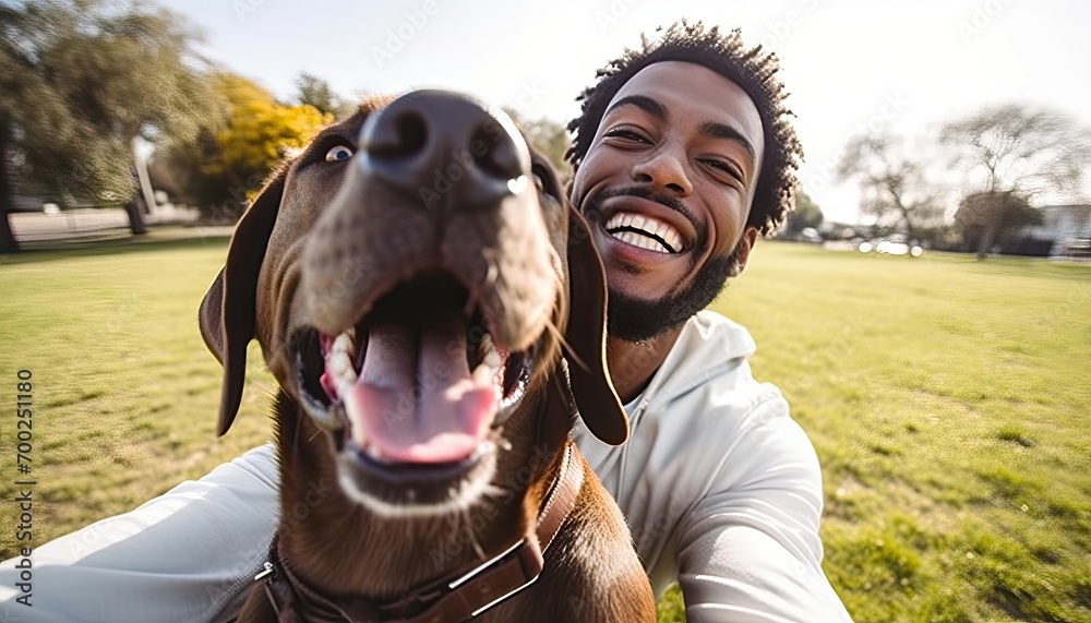 Young happy man taking selfie with his dog in a park , Smiling guy and ...