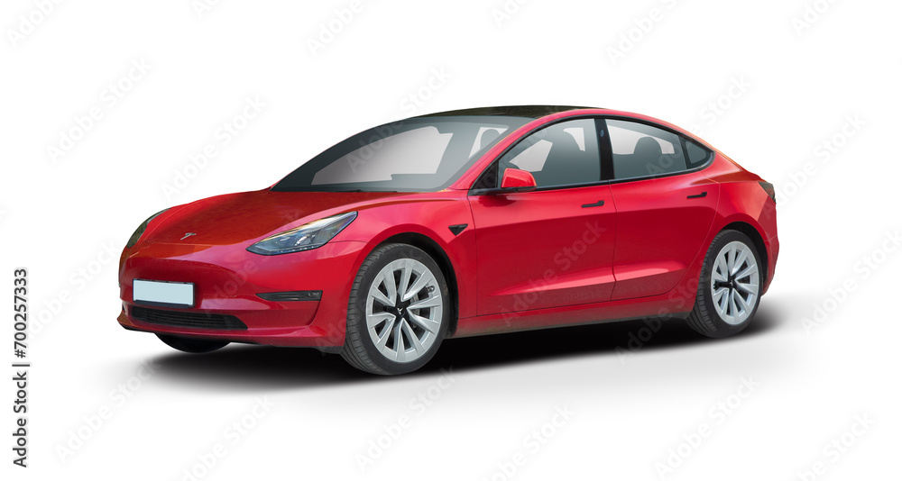 Tesla Model 3 car with red color side view isolated on white background ...