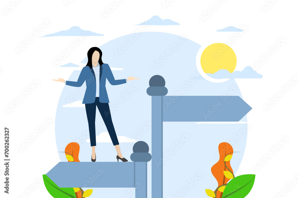 decision making or choice concept, business woman confused choosing two ...