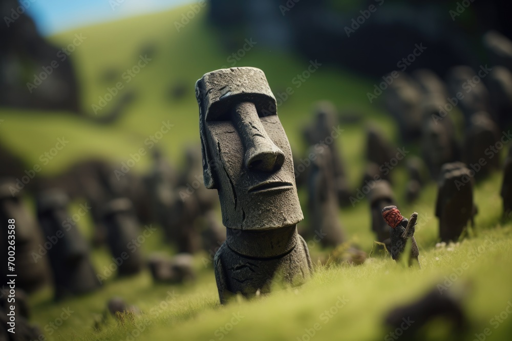 A miniature toy scene of Easter Island with statues, grass, and rocks ...