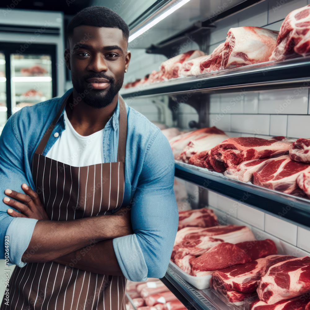 Man standing in front of shelves with raw meat. Male butcher or ...