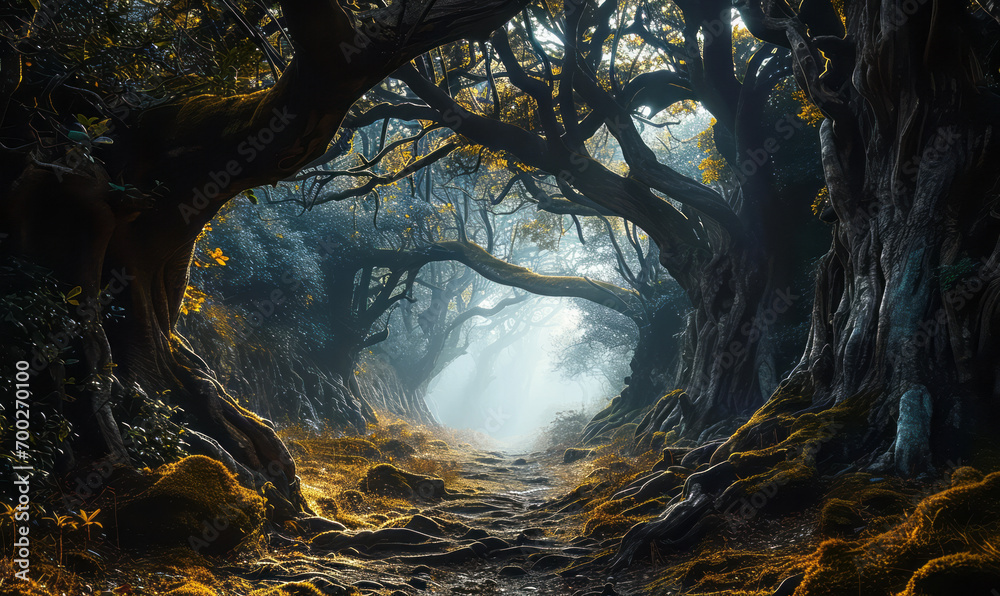 Mystical Forest Pathway Enveloped by Ancient Trees and Mist, Evoking a Magical and Enchanted ...