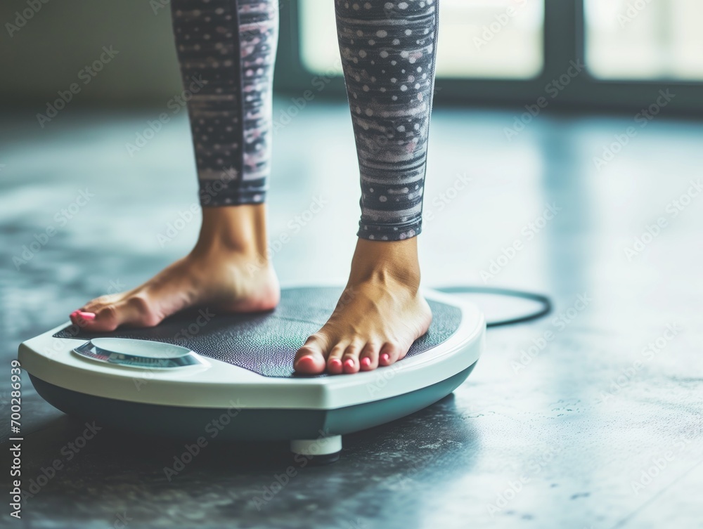 Mulher se pesando na balança após o treino na academia Stock-Foto ...