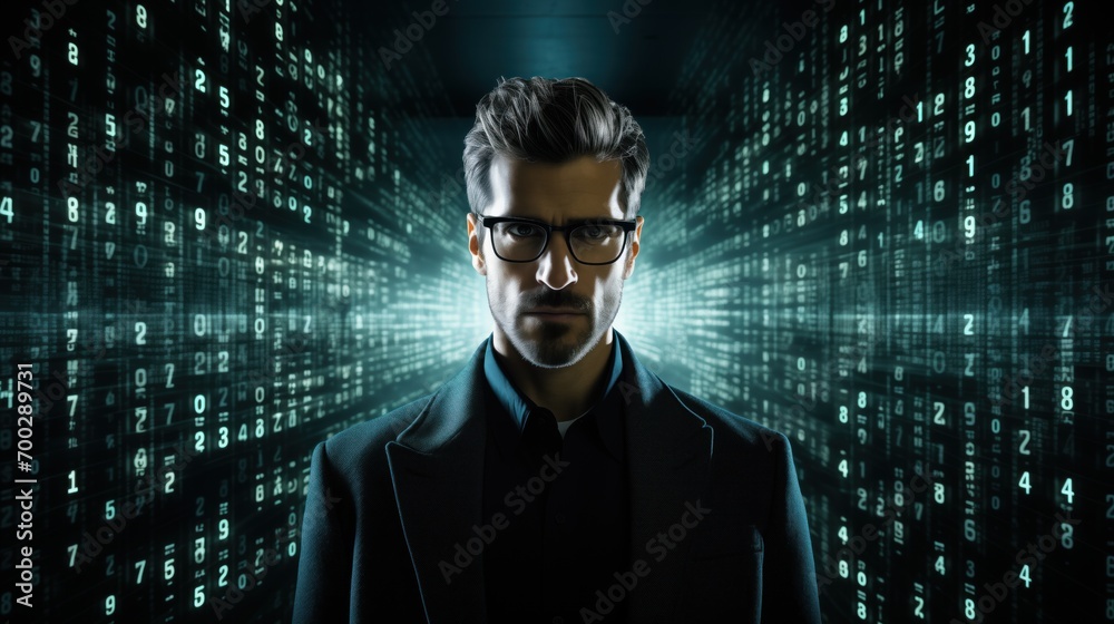 Binary digits flowing in front of man with glass, developer man ...