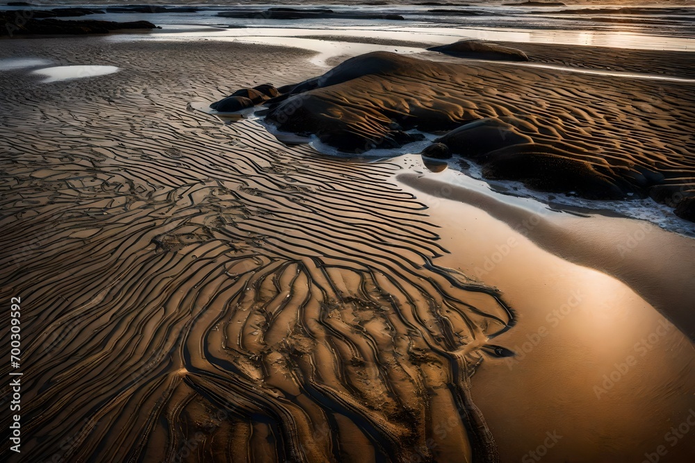 An expansive beach during low tide, intricate patterns in the sand and ...
