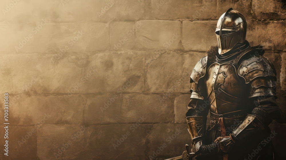 Medieval knight on historic background with lots of copy space on the ...