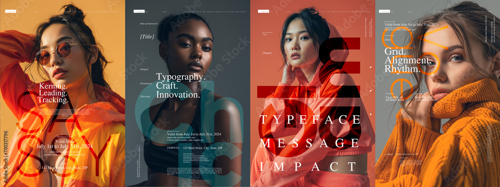 Typography poster design. Posters with four distinct fashion portraits ...