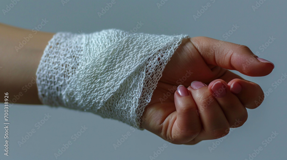 A tightly bandaged fist, representing self-care after an injury and the ...
