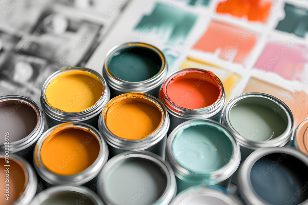 Tiny sample paint cans during house renovation, process of choosing ...