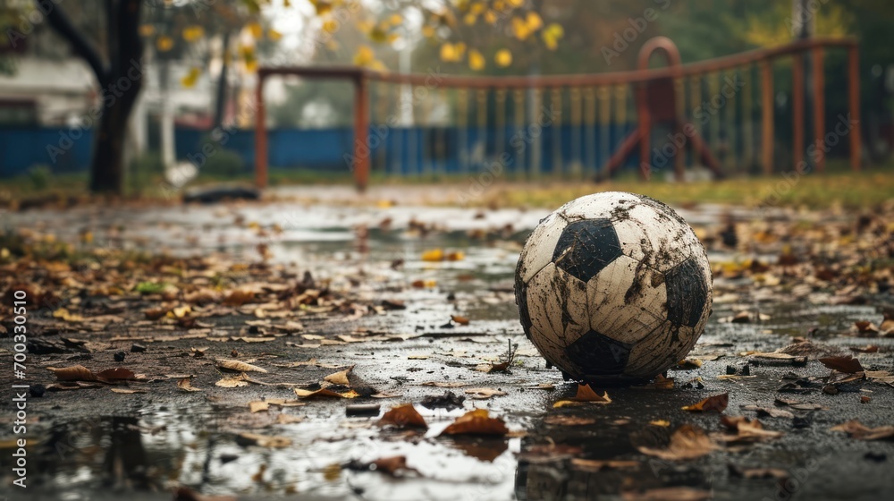 A deflated soccer ball in an old, forgotten playground, evoking a sense ...