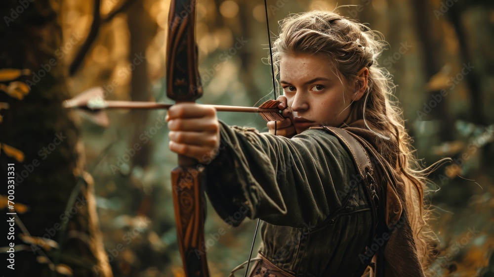 Female model as a fantasy elven ranger in an enchanted forest, mythical ...