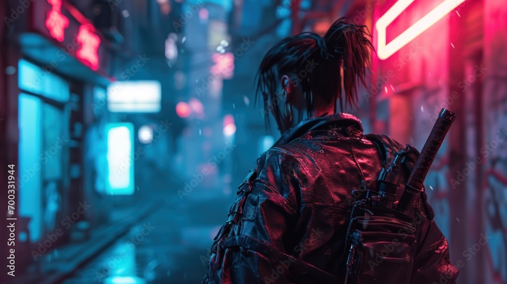 Male model as a cyberpunk street samurai in a futuristic metropolis ...