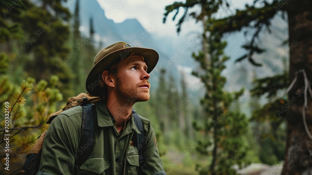 Male model as a park ranger in a national park, nature and conservation ...