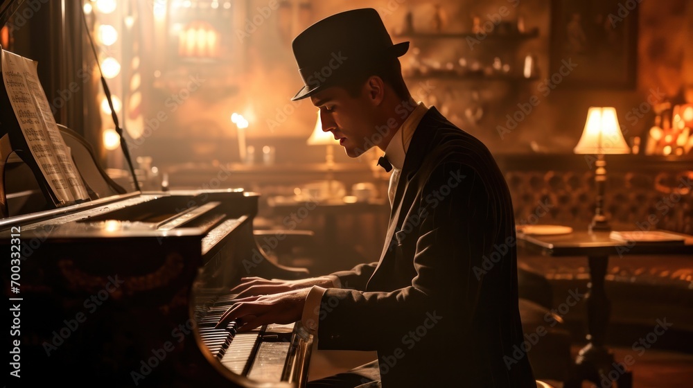 Male model as a Prohibition-era jazz club pianist, rhythm and speakeasy ...