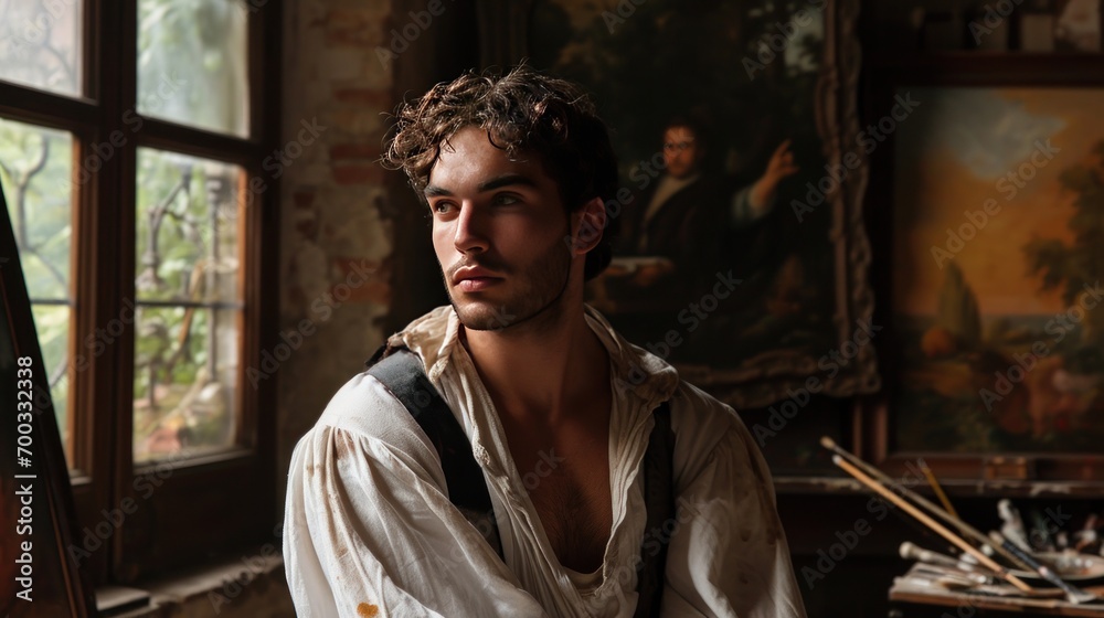 Male model as a Renaissance painter in a Florentine art studio ...